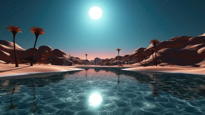 Harmony of Contrasts a Desert Oasis Under Binary Moons Stock ...