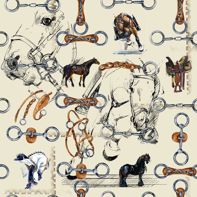 Harness Horse Watercolor Pattern. Equestrian Seamless Background Stock ...