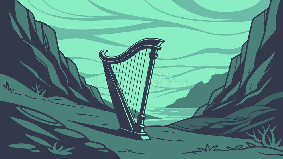 Harp in a Dramatic, Stylized Valley with Sharp, Towering Cliffs, Vector ...