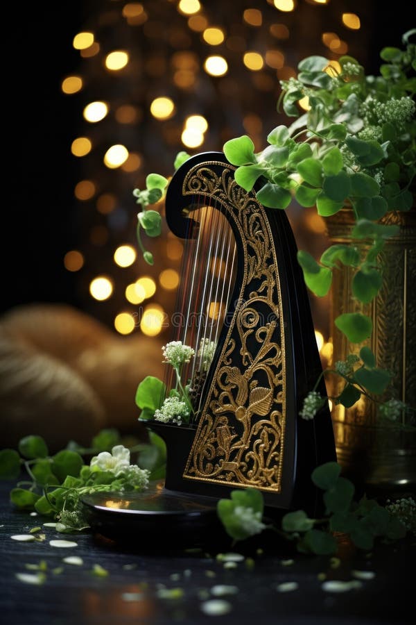 A Harp with Flowers and Greenery on a Table, AI Stock Illustration ...