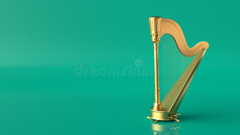 Harp with Gold Color and Green Background Isolated 3d Rendering Stock ...