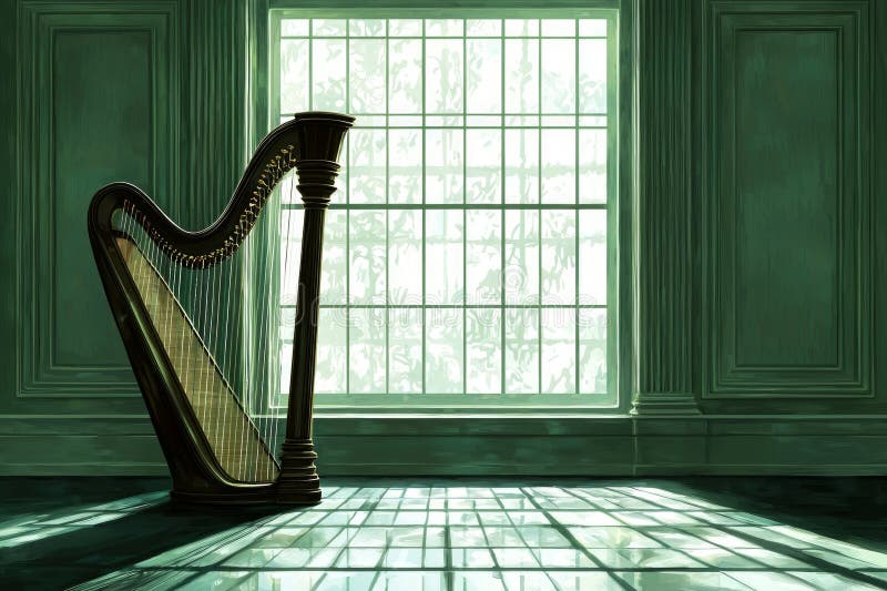Harp Stands Gracefully in Front of Large Geometric Window Casting Soft ...