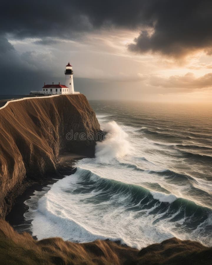 Harsh Winds and Lighthouse Resilience Stock Illustration - Illustration ...