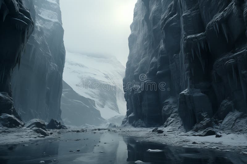 Harsh Winter Landscape, Icy Canyon with Frozen River Stock Illustration - Illustration of water ...