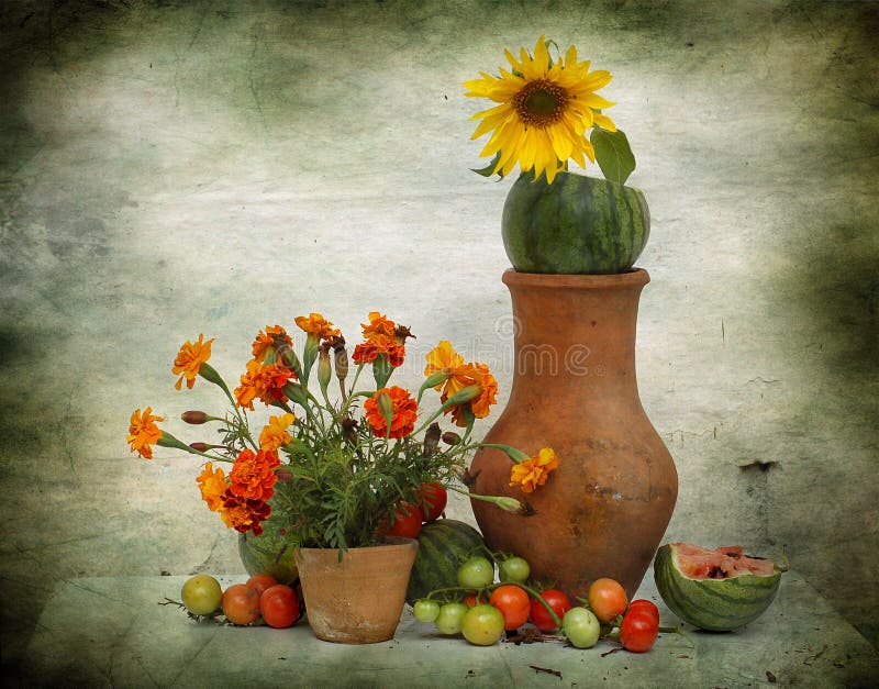 Harvest stock image. Image of marigolds, melon, tomato - 16130623