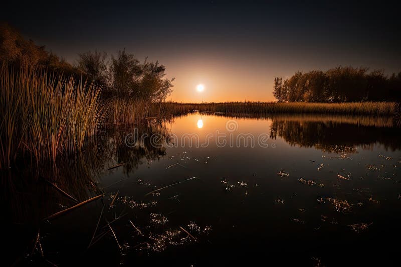 Harvest Moon Above a Lake, Casting Shimmering Reflection on the Water ...