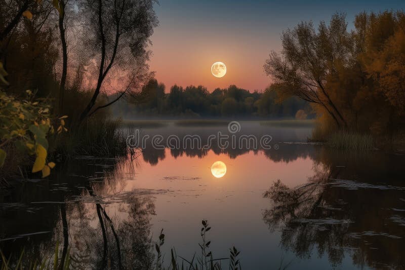 Harvest Moon Above a Lake, Casting Shimmering Reflection on the Water ...