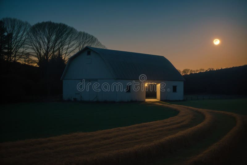A Harvest Moon Casting Shadows Over a Quiet Barn Stock Illustration ...