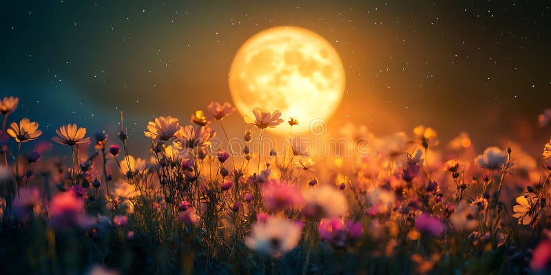 Harvest Moon Night Magical Flower Field Wallpaper Stock Illustration ...