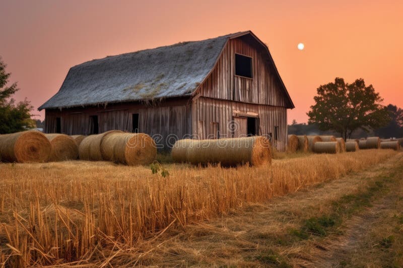 Harvest Moon Over a Rustic Barn in a Rural Setting Stock Illustration ...