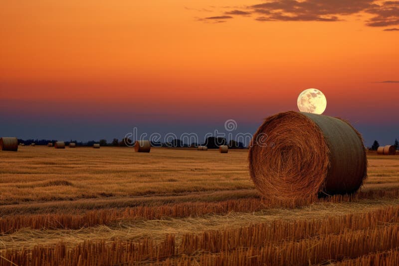 A Harvest Moon Rising Over a Clear, Harvested Field Stock Image - Image ...