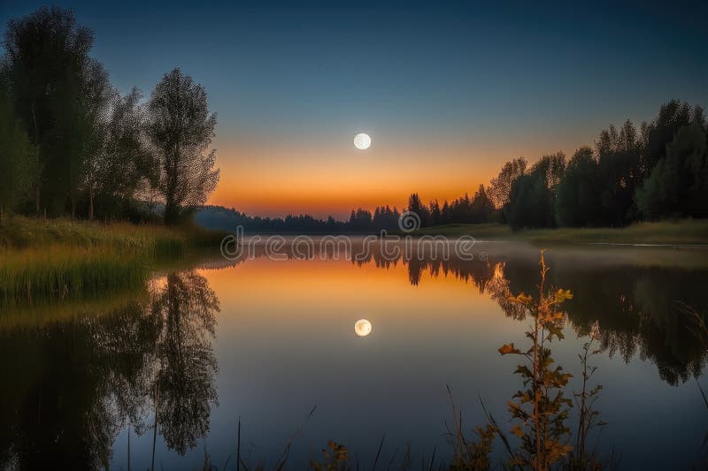 A Harvest Moon Rising Over a Serene Lake Stock Illustration ...