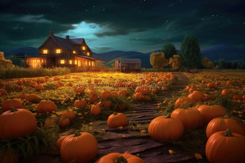 Harvest Moon Shining Over a Pumpkin Patch at Night Stock Illustration ...