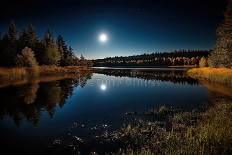 Harvest Moon Shining Over Serene Lake, with Reflections of the Moon and ...