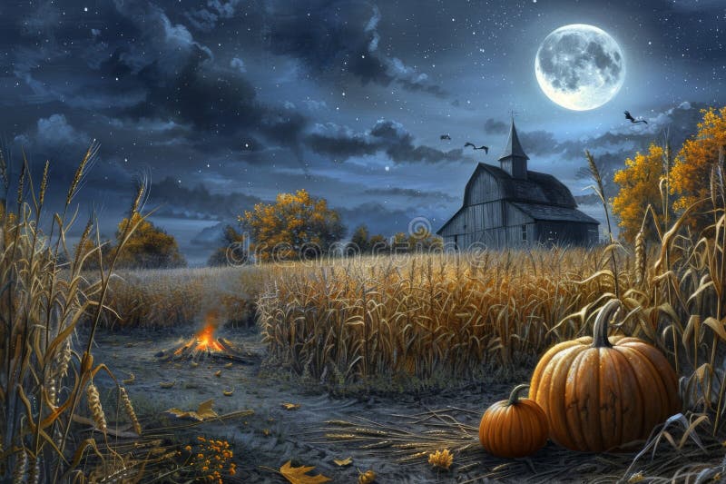 Harvest Moonlit Night Over Fields with Barn, Stars, and Bonfire, Autumn ...