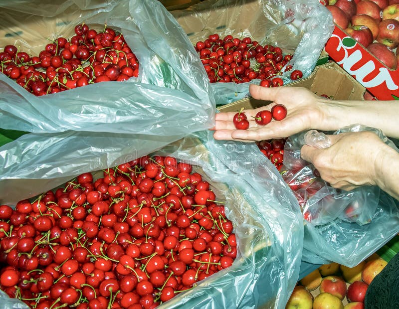Harvest of Red Cherries on a Market Stall Stock Image - Image of berry ...
