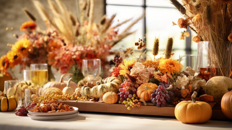 A Harvest Table with Autumn Themed Centerpieces Stock Illustration ...