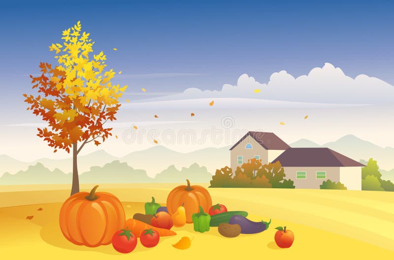 Cartoon harvest landscape stock vector. Illustration of country - 98558126