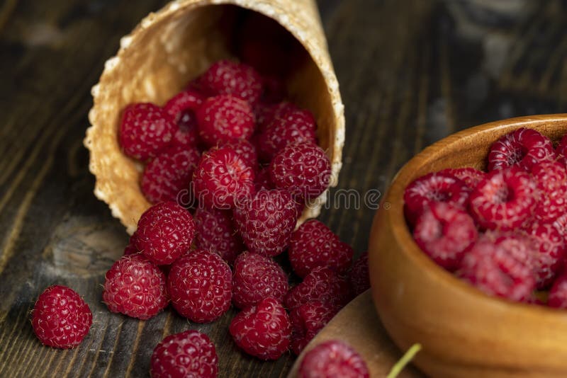 Harvested Red Ripe Raspberries in a Waffle Cone Stock Image - Image of ...