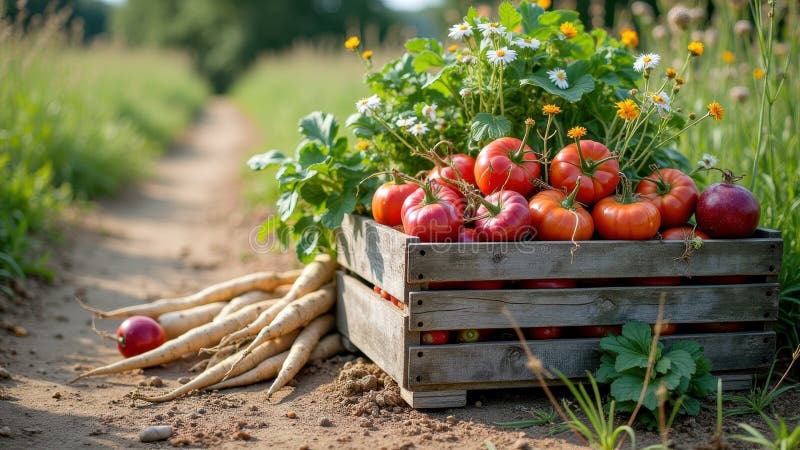 Harvested Vegetables and Flowers in Wooden Crate on Countryside Path ...