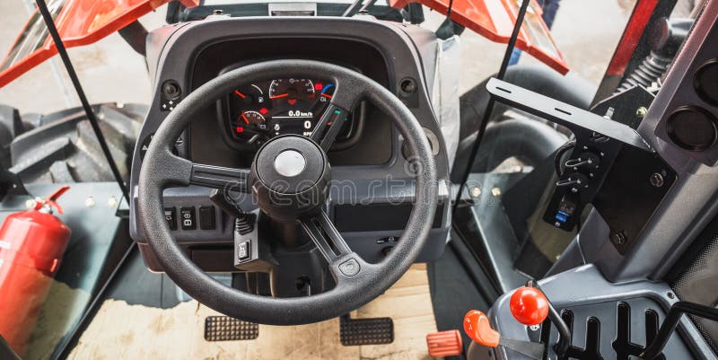 Harvester Machine Inside Cabin, Control Panel, Levers, Steering Wheel ...