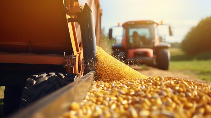 Harvester Unloading Fresh Corn Maize Seeds into Trailer. Generative Ai ...