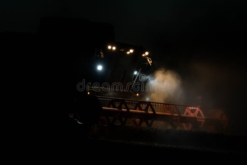 Harvester at Work on Field at Night Stock Image - Image of dark, engine ...