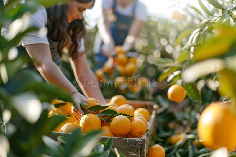 Harvesting Concept, People Picking Oranges Stock Illustration ...