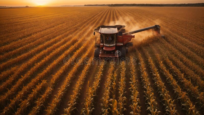 Harvesting of Corn Fields with Combine, Corn Picker Harvesting a Large ...