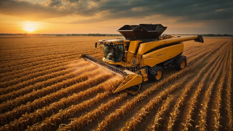 Harvesting of Corn Fields with Combine, Corn Picker Harvesting a Large ...