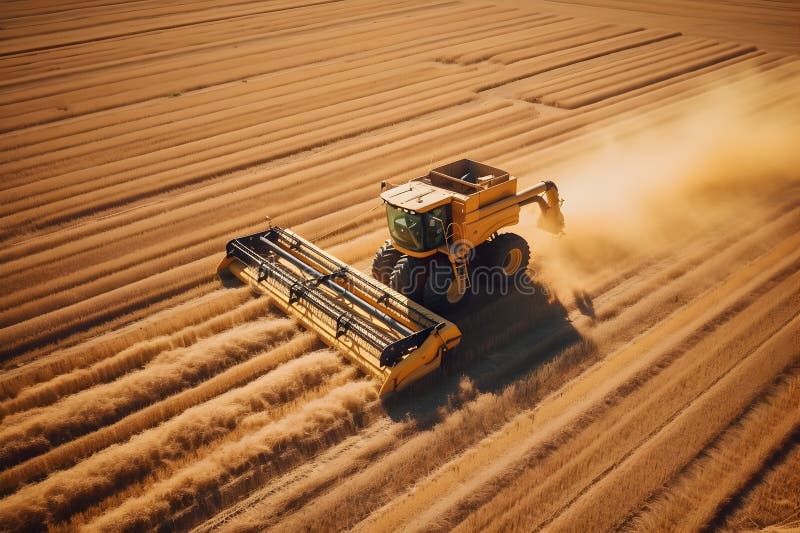 Harvesting Machine Working in the Field. Top View from the Drone Stock ...