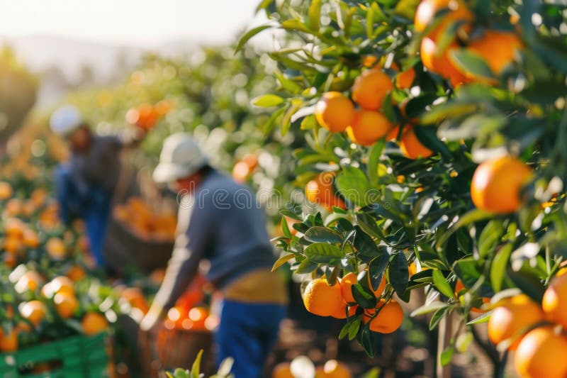 Harvesting Ripe Oranges in Sunlit Orchard with Workers Collecting Fruit ...
