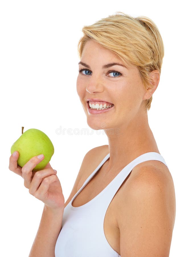 She Has To Stick To Her Eating Plan. a Young Woman Holding an Apple ...