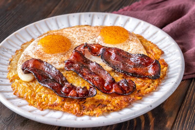 Hash Brown with Egg and Bacon Stock Photo - Image of round, vegetable ...