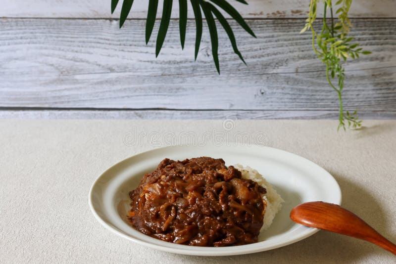 Hashed Beef with Rice on the White Dish on the Table. Stock Image ...