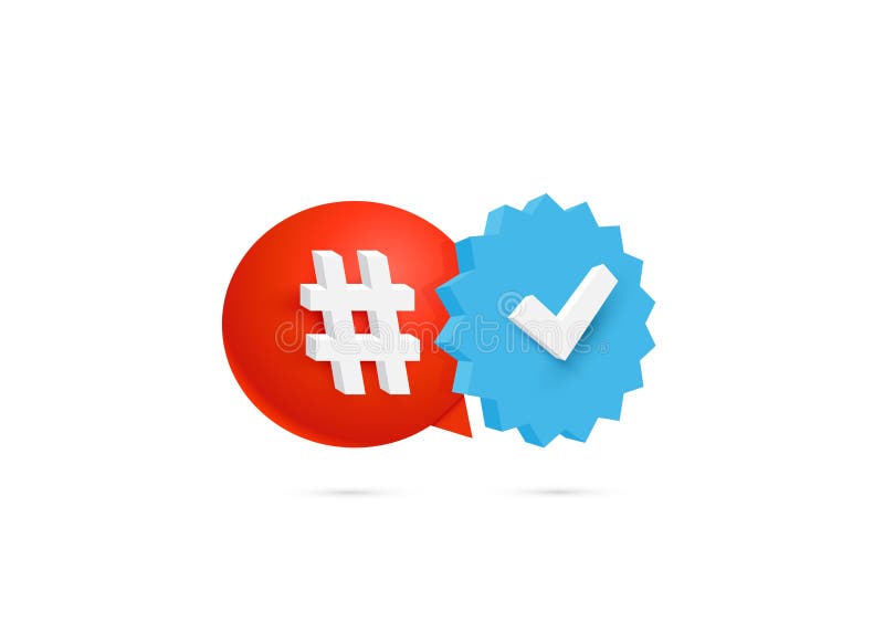 Hashtag Icon on Red Chat Bubble and Checked Tic on Blue Sticker. UI ...