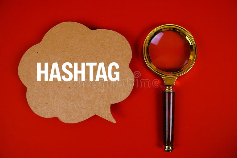 Hashtag Text with Speech Bubble and Magnifying Glass on Red Background ...