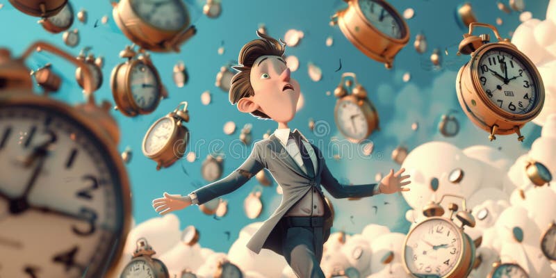 Hasty Man in Time Press, Man Running in the Cloud with Clock Around ...