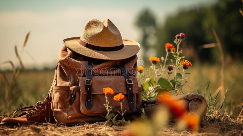 Hat with Backpack on the Road, Adventure Stock Illustration ...