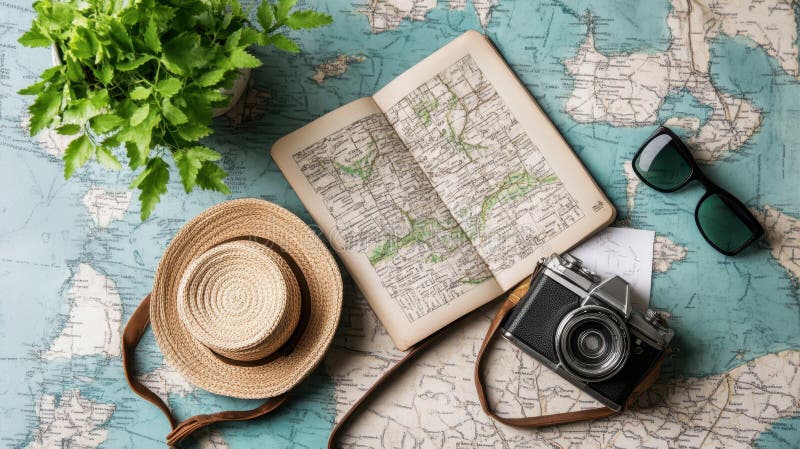 A Hat and a Camera are Placed on a Map, Showcasing a Blend of Travel ...