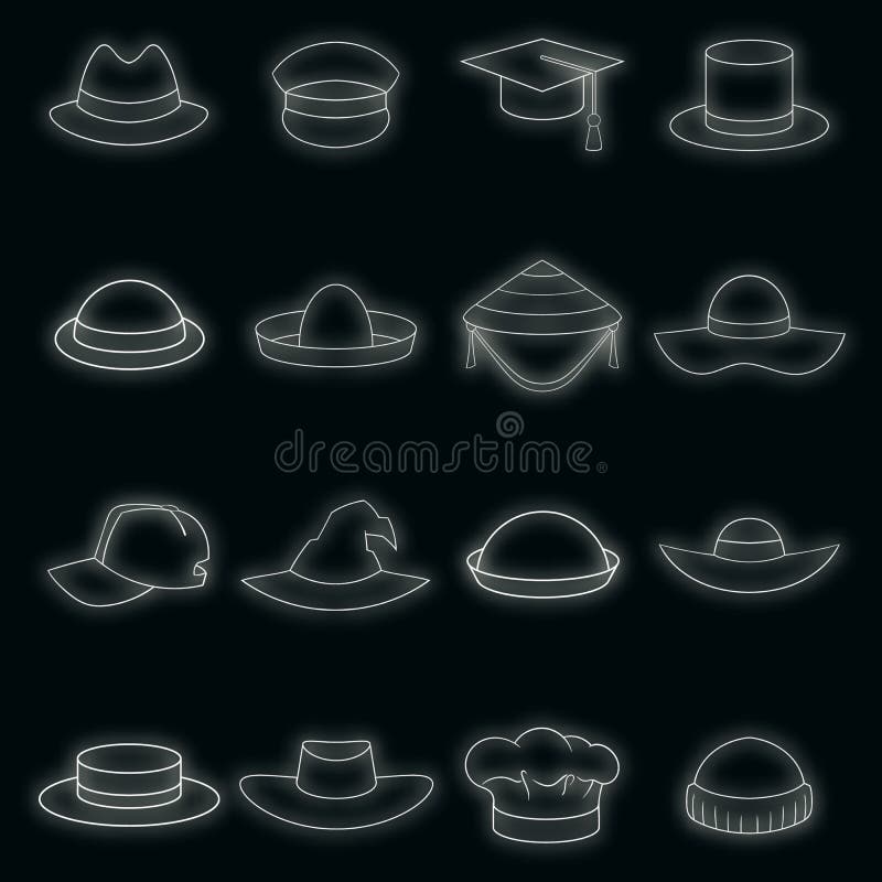 Hat Cap Icons Set Vector Neon Stock Vector - Illustration of sambrero ...