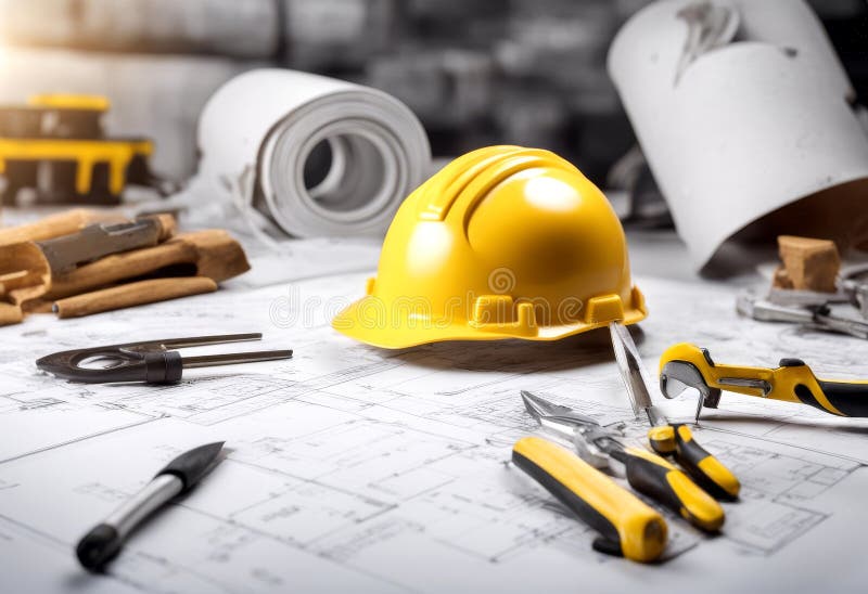 Hat Hard Blueprint White Isolated Tools Copy Space Helmet Gear Work ...