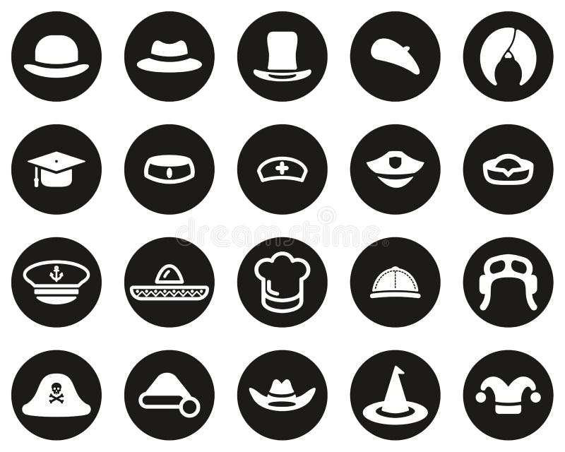Hat Icons White on Black Flat Design Circle Set Big Stock Vector ...