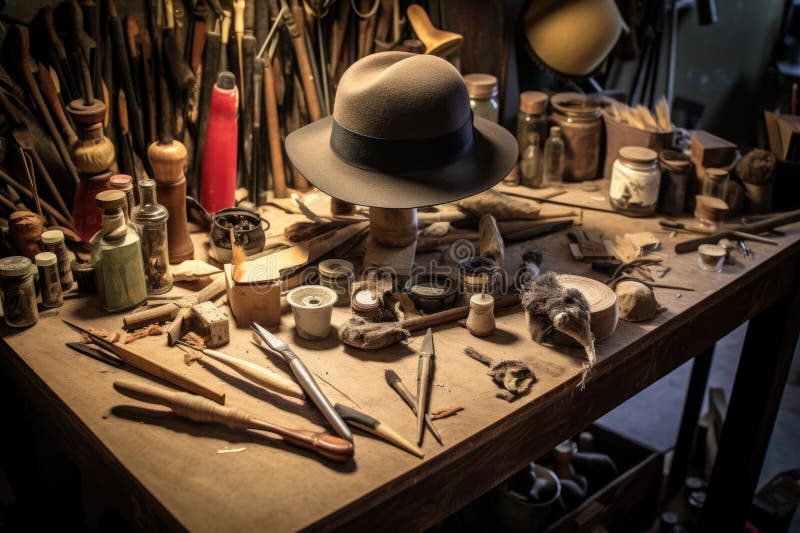 Hat Making Tools and Materials on a Workbench Stock Illustration ...