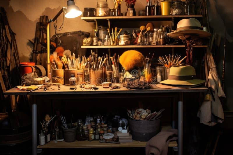 Hat Making Workstation with Organized Tools and Supplies Stock ...