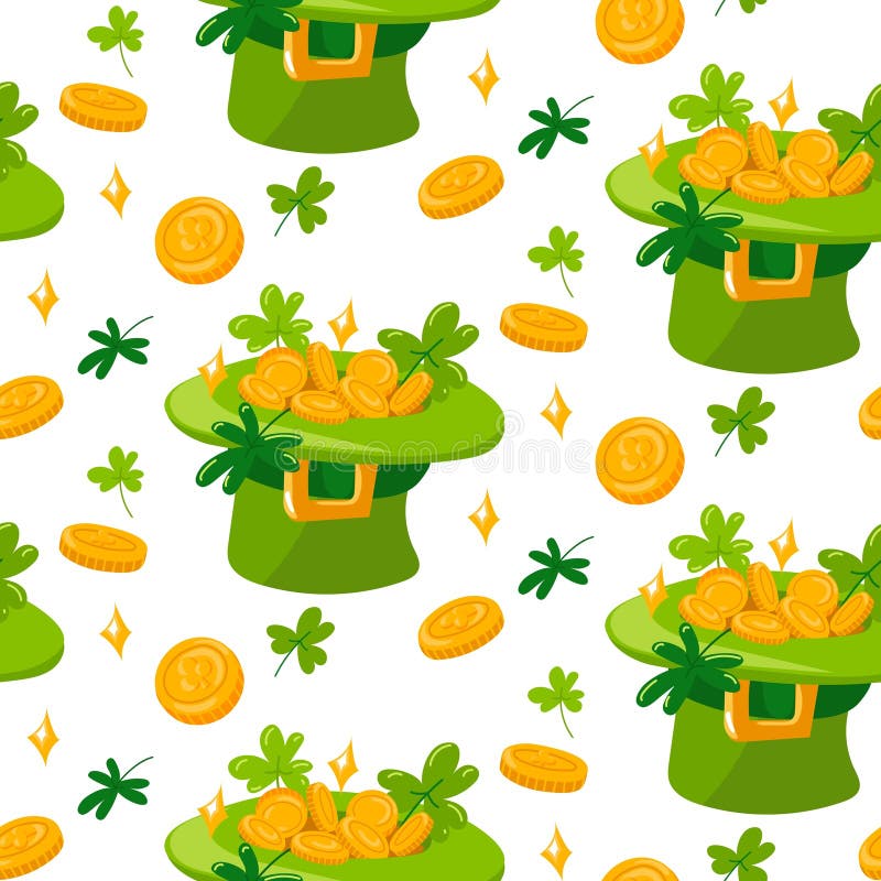 Hat Pattern with Clover and Gold Coins. Vector Seamless Pattern for St ...
