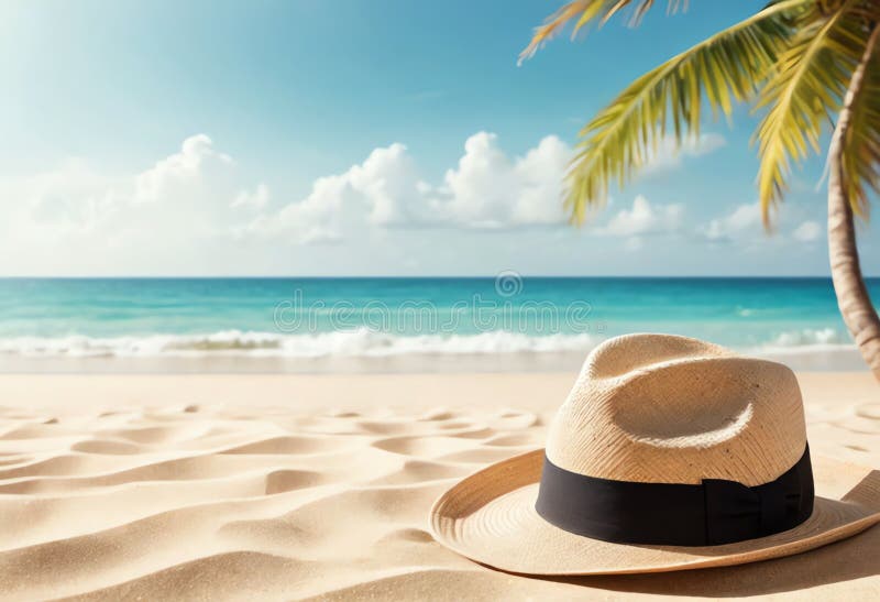 Hat on Sand Beach with Copy Space Banner Stock Illustration ...