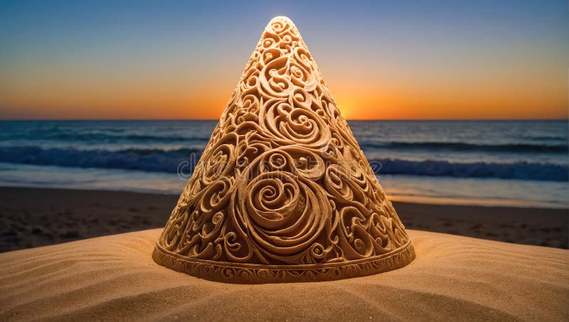 A Hat-shaped Sand Sculpture with Ornate Designs, Placed on a Beach at ...