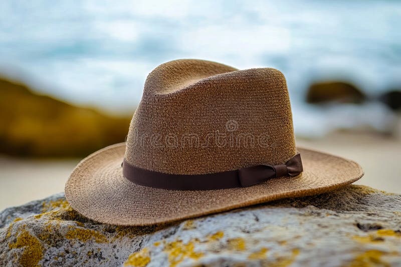 A Hat Sitting on Top of a Rock on the Beach Stock Image - Image of ...
