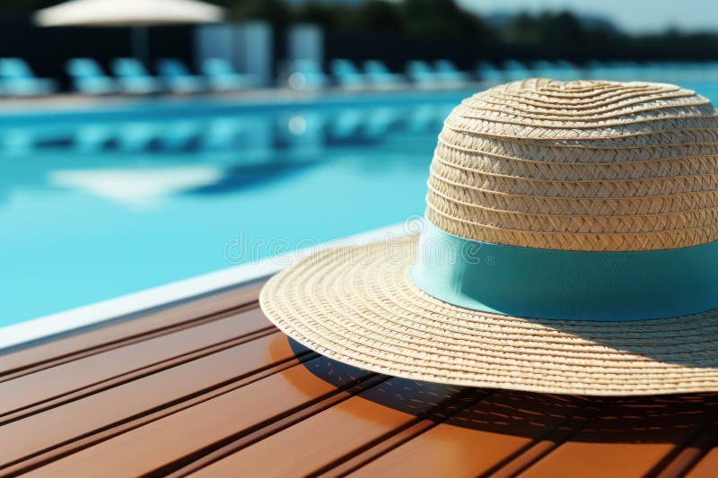 Hat Sunblock and Wooden Deck Oasis by the Pool, Relaxing Summer Scene ...